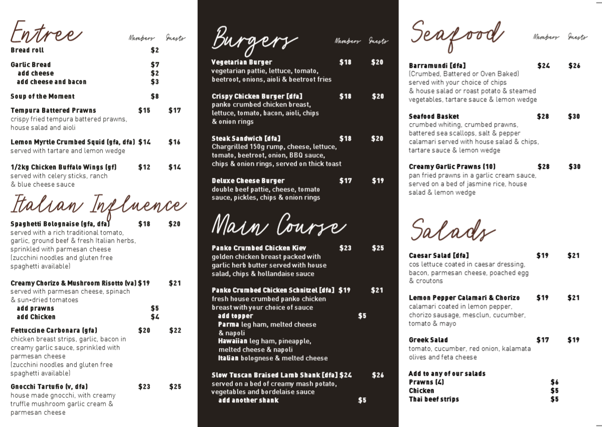 Menu - Wynnum Manly Leagues Club